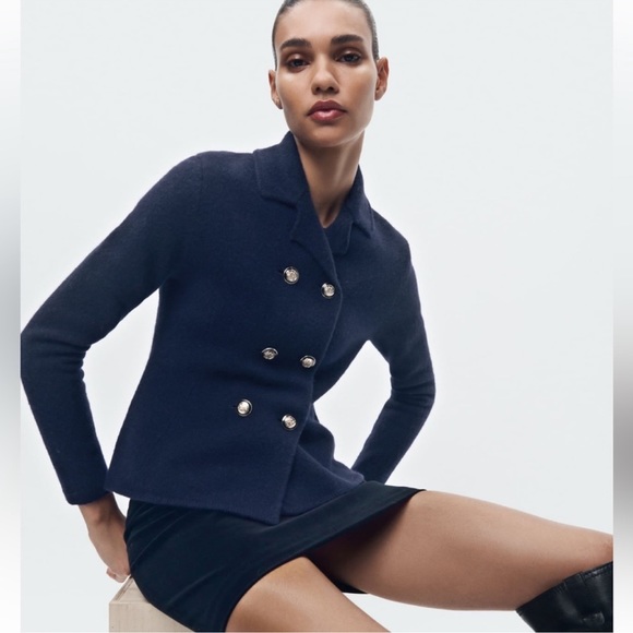 Zara | Jackets & Coats | Zara Navy Blue 0 Wool Double Breasted Blazer ...